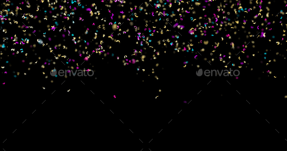 Falling golden and colorful confetti isolated on black background. Shiny particles. Party Stock ...
